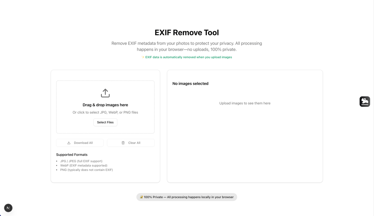 EXIF Remove Tool - Privacy-First Photo Metadata Removal | Landin.ai